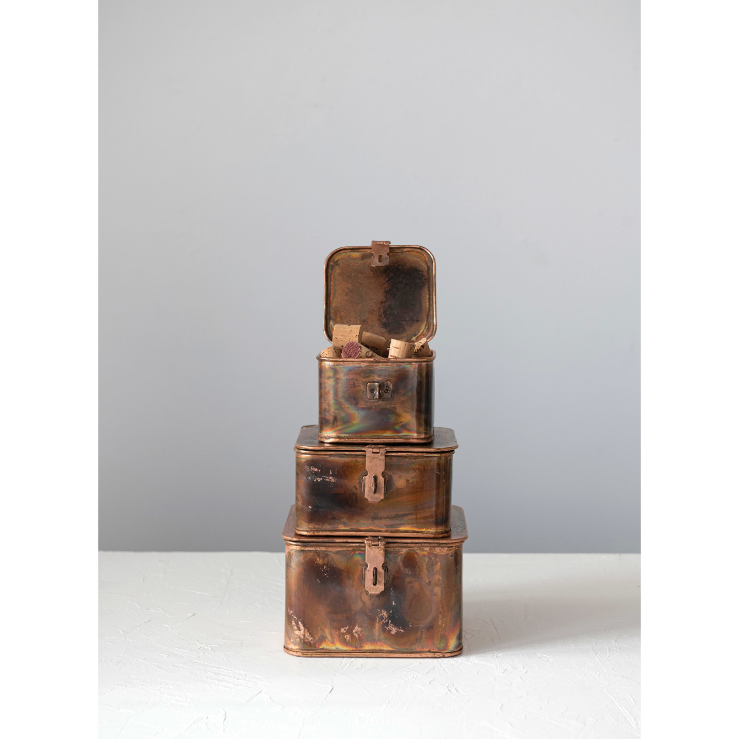 Decorative Metal Boxes, Burnt Copper Finish, Set of 3