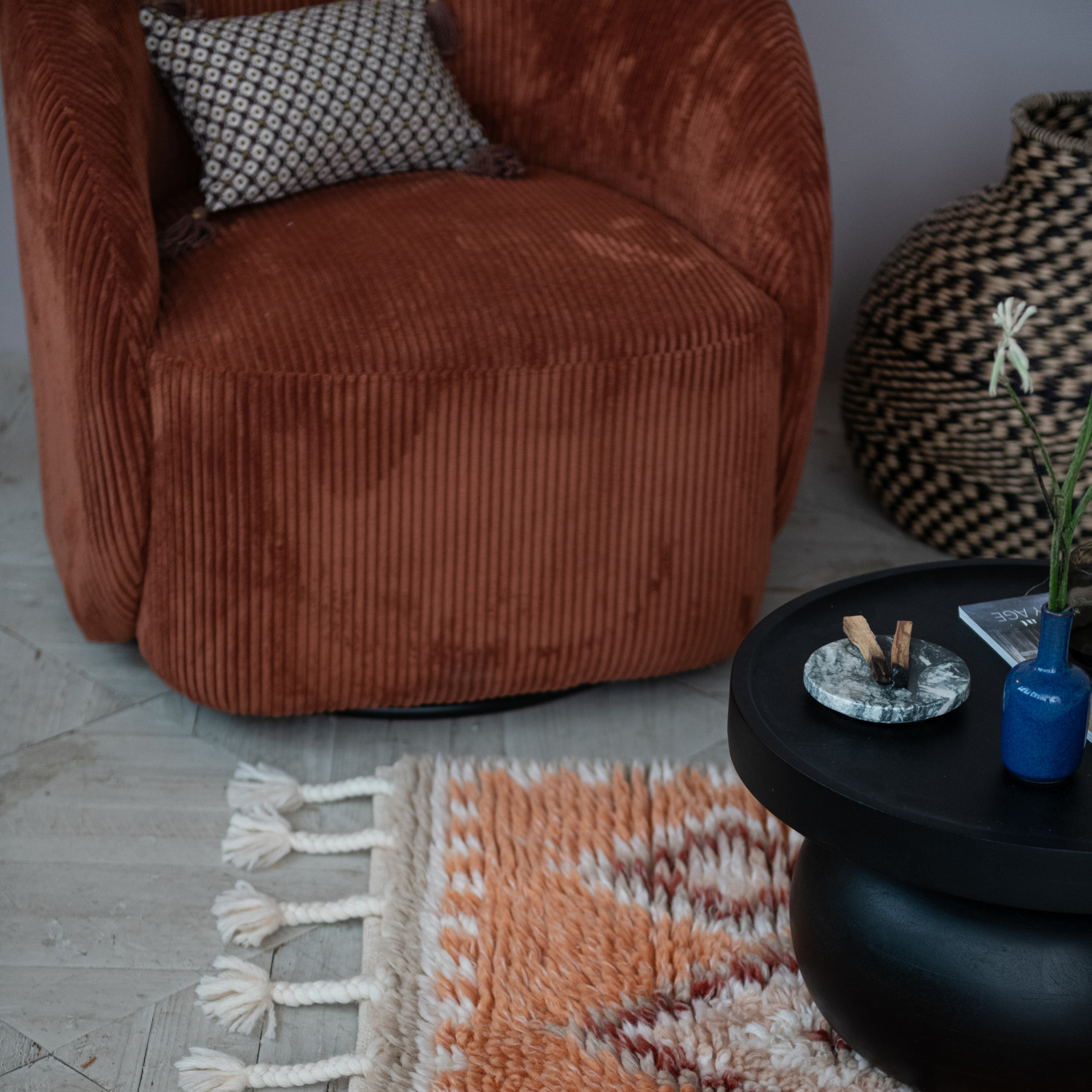 Corduroy Fabric Upholstered Swivel Chair, Rust Color